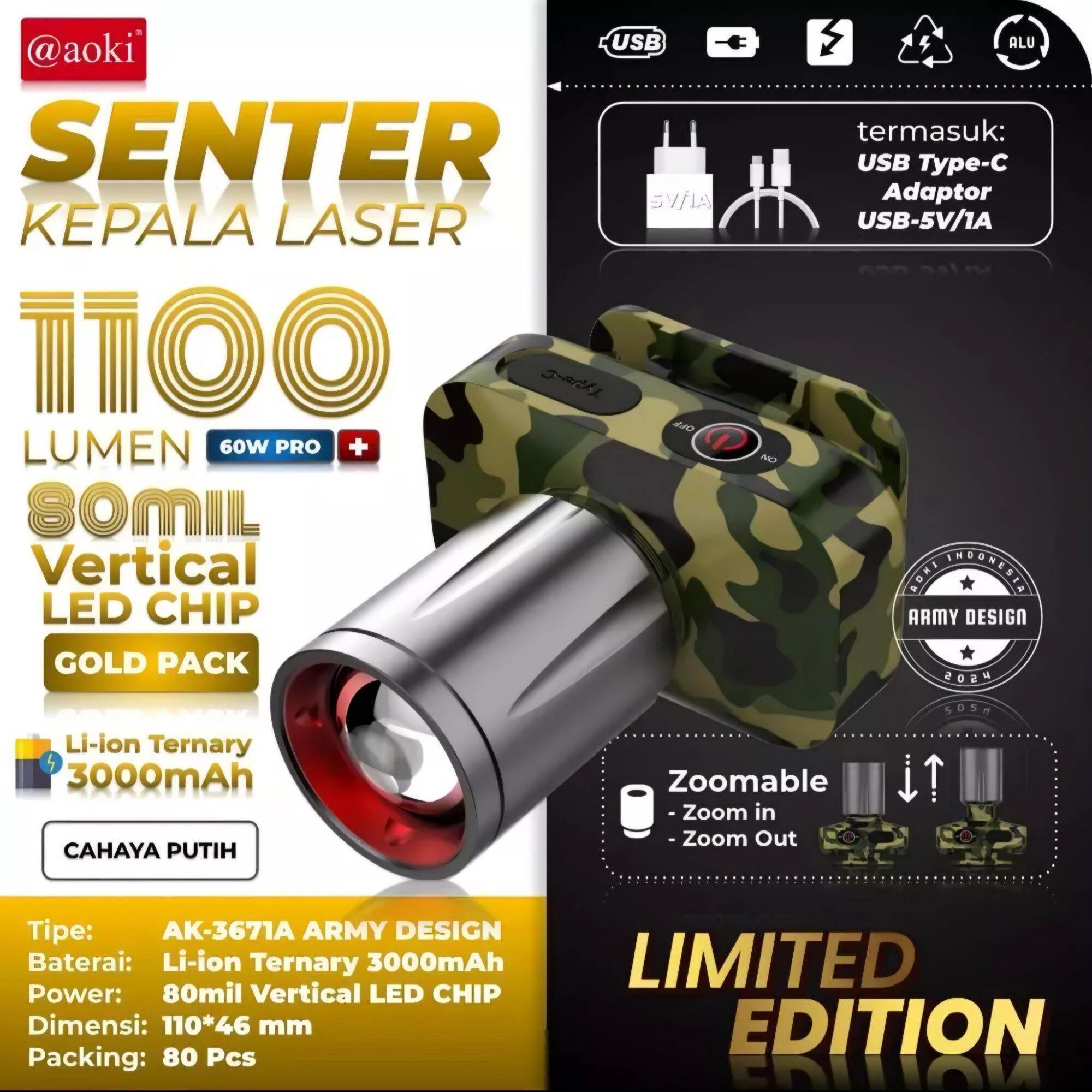 Senter Kepala Zoom Aoki 60 Watt pro 1100 lumen army senter kepala laser ...
