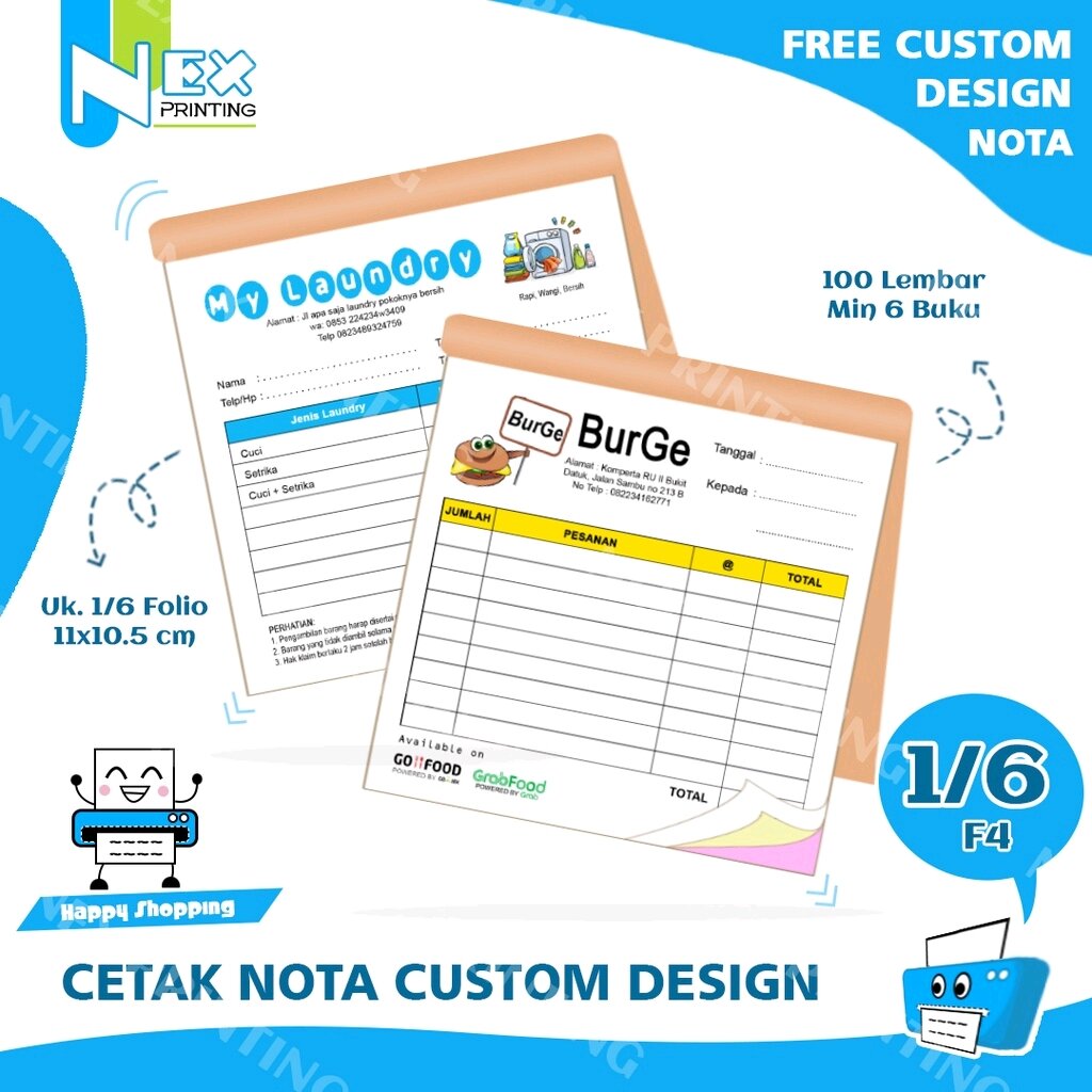 Cetak Nota 1/6 Folio Custom Design bisa Satuan ukuran Bon Faktur Untuk ...