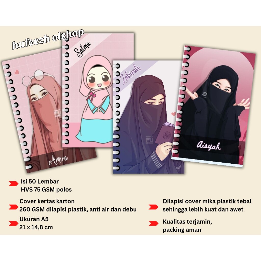 Buku Catatan Notebook Notes Notepad Spiral Muslimah Hijab Custom Nama ...