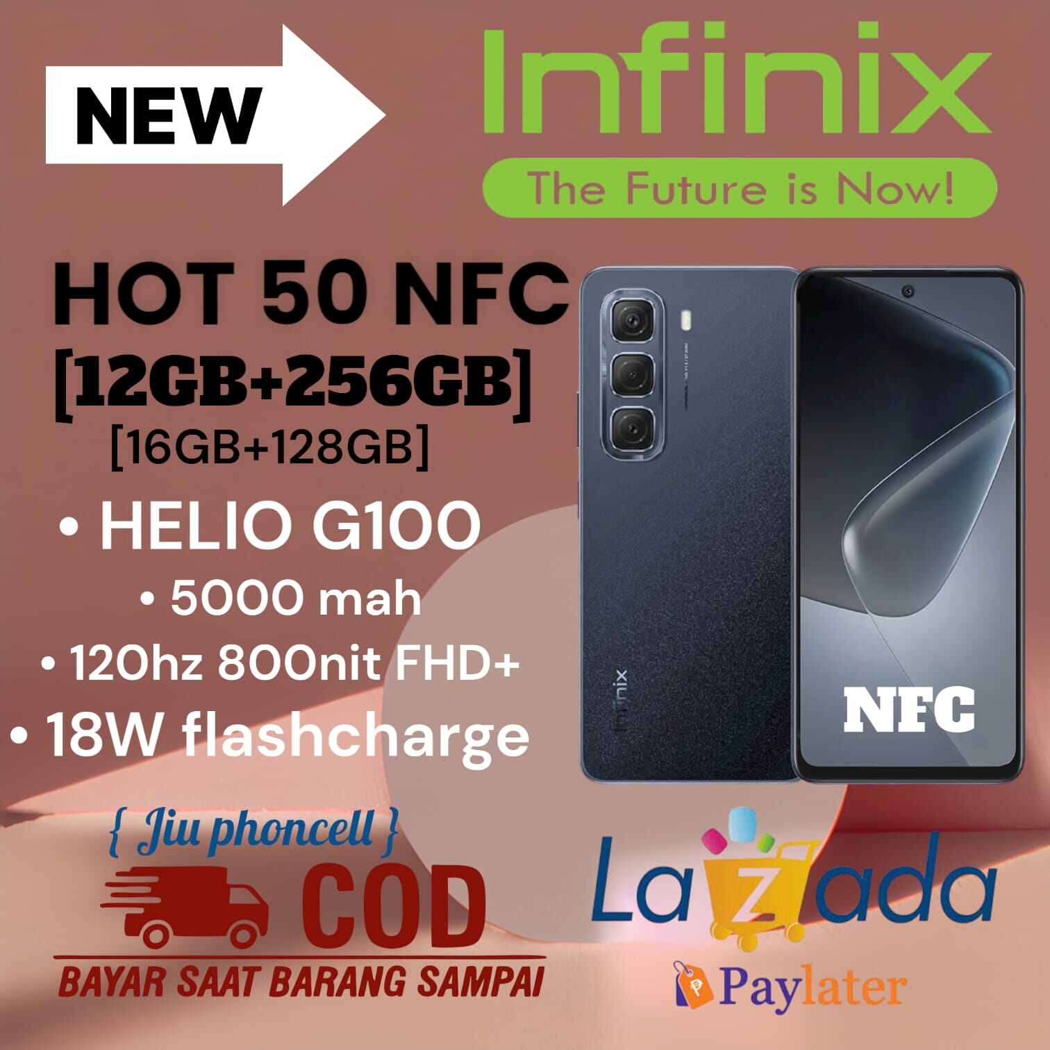infinix Hot 50 NFC 12+256 GB batrai 5000 mah helio G100 garansi resmi 1 ...