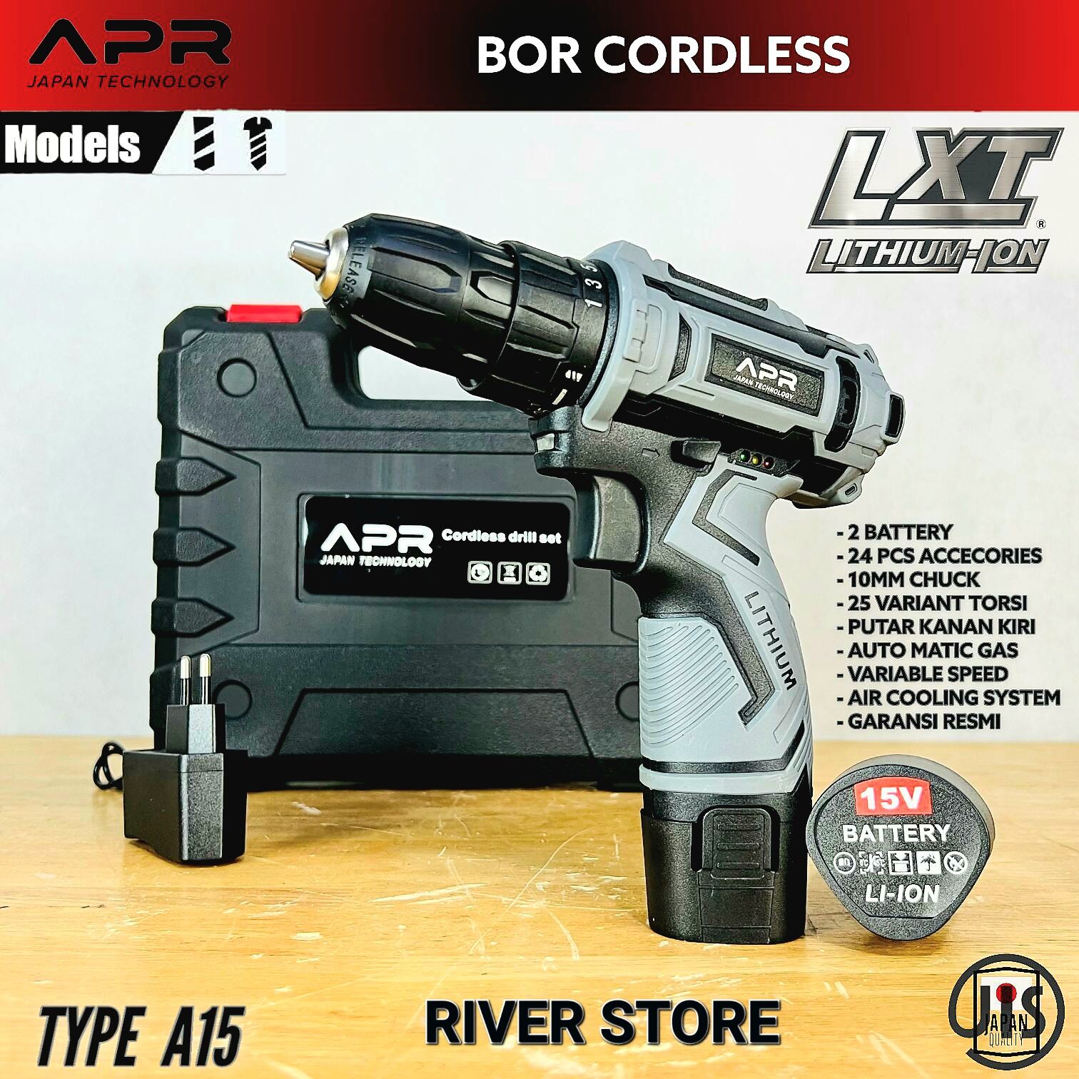 Mesin Bor Cordless APR 15V Baterai Bor Drill Sekrup Besi Kayu Tembok ...