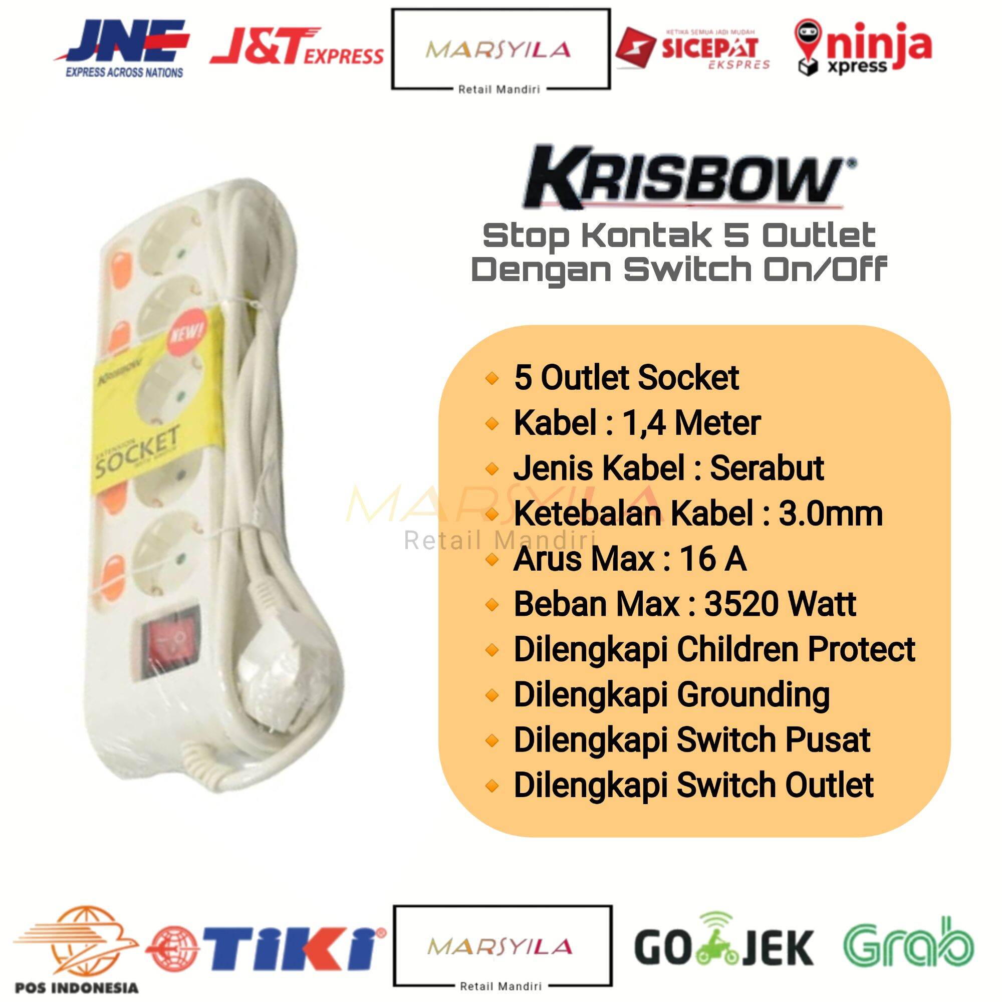 KRISBOW STOP KONTAK Colokan LISTRIK 3 4 5 Outlet SOCKET Dengan On Off ...