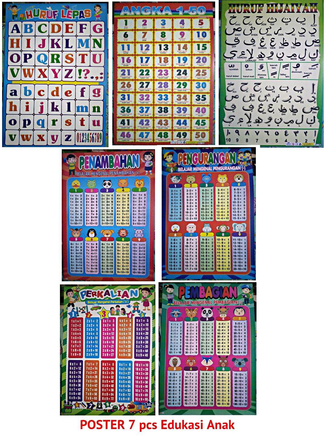 POSTER 7 pcs edukasi anak/ poster berhitung anak, terdiri dari angka 1 ...