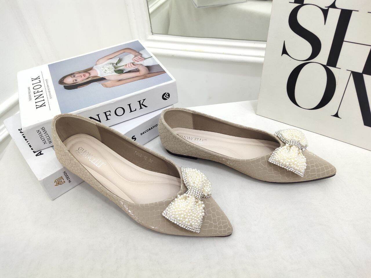 Simoncelli Sepatu Flat Wanita Pita Mutiara Polos Sepatu Kerja Hitam ...