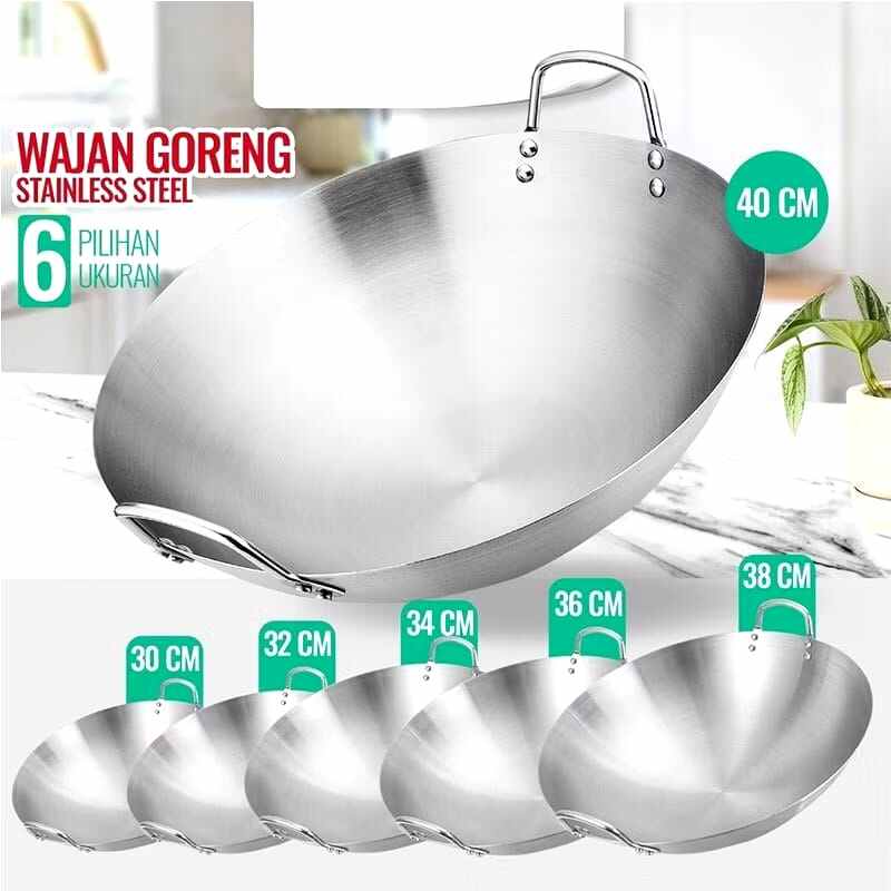 Wajan Penggorengan Tebal Full Stainless Steel Ukuran 30cm-50cm /Kuali stainless tebal | Lazada ...