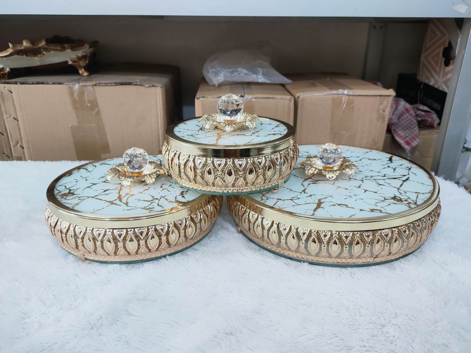 tempat kue/snack/tempat kue sultan/tempat kue mewah set 3pc marble ...