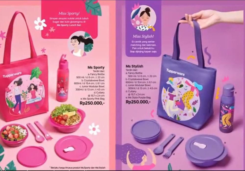Tupperware MS sporty / MS stylish Lunch Set Ungu Atau Pink Set Lengkap ...