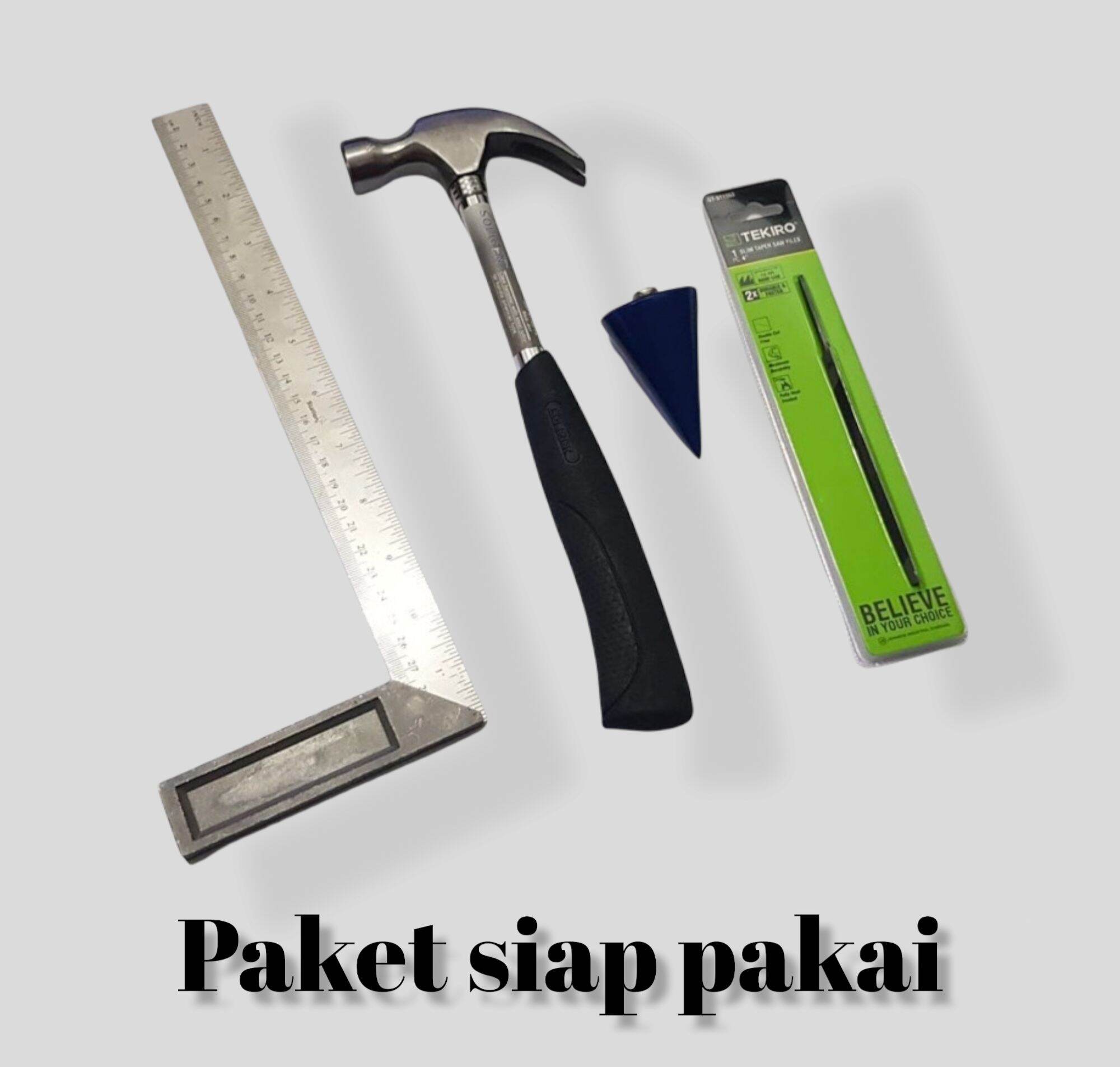 Paket palu besi 8oz + lot tukang 400gr + kikir segitiga 4” + siku meter ...