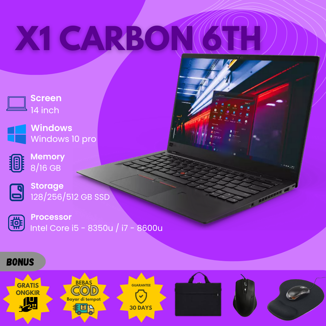 Laptop Lenovo Thinkpad X1 Carbon 6th Core I5 I7 Generasi 8 Layar 14