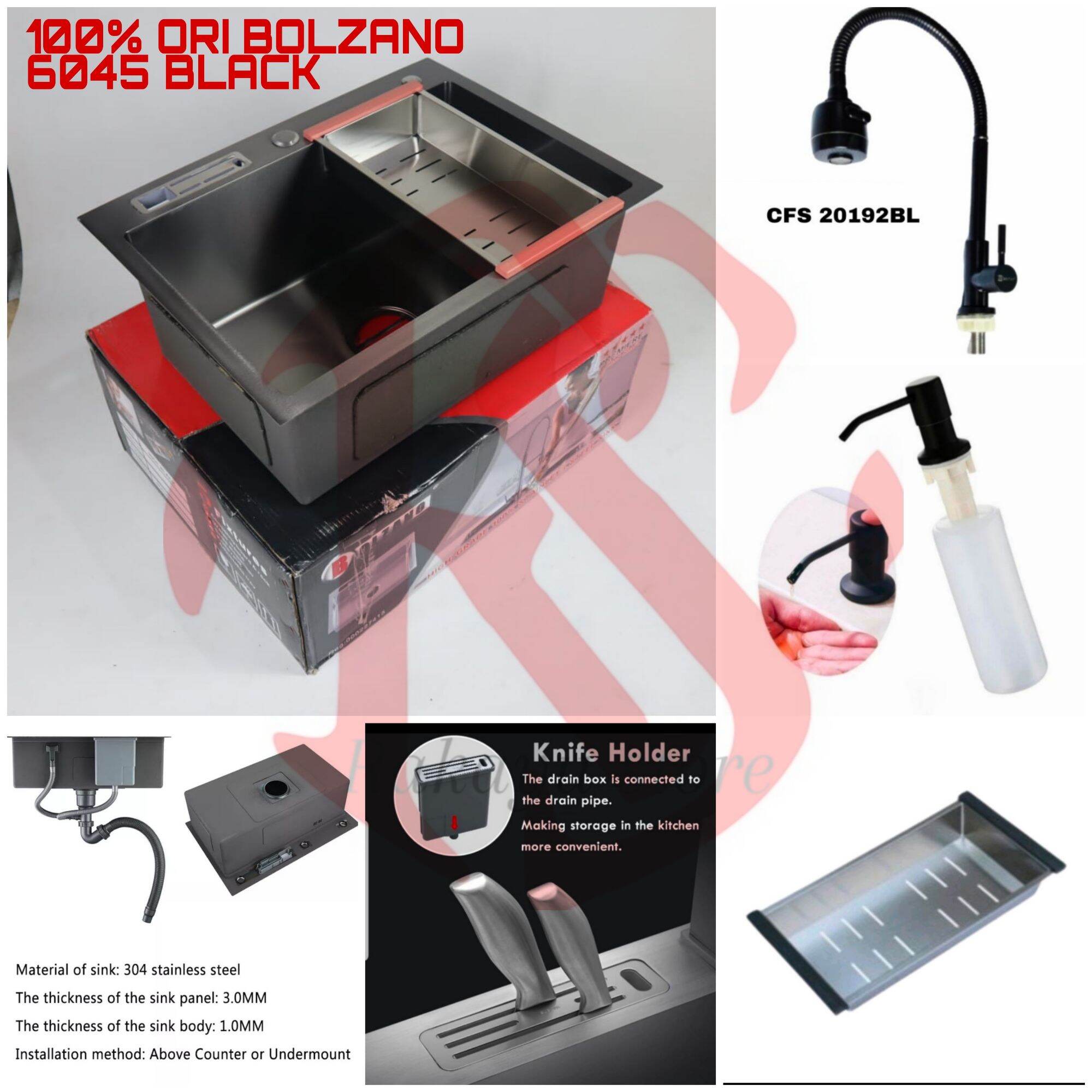 KITCHEN SINK BOLZANO 6045 BLACK ORI LENGKAP KRAN/KITCHEN SET KRAN TARIK ...