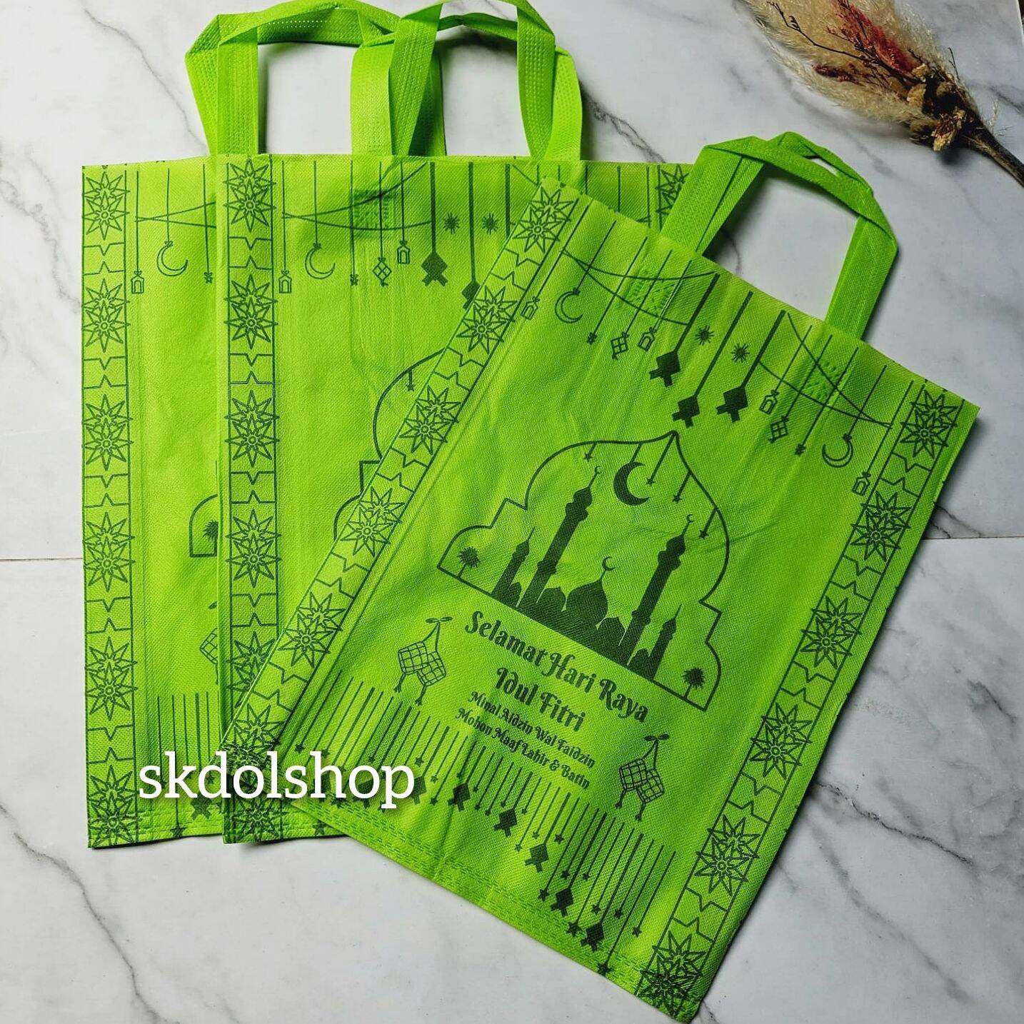 Goodie Bag Spunbond/Tas Bingkisan EDISI IDUL FITRI LEBARAN 30x40x8 DESIGN 4 SISI isi 12 pcs ...