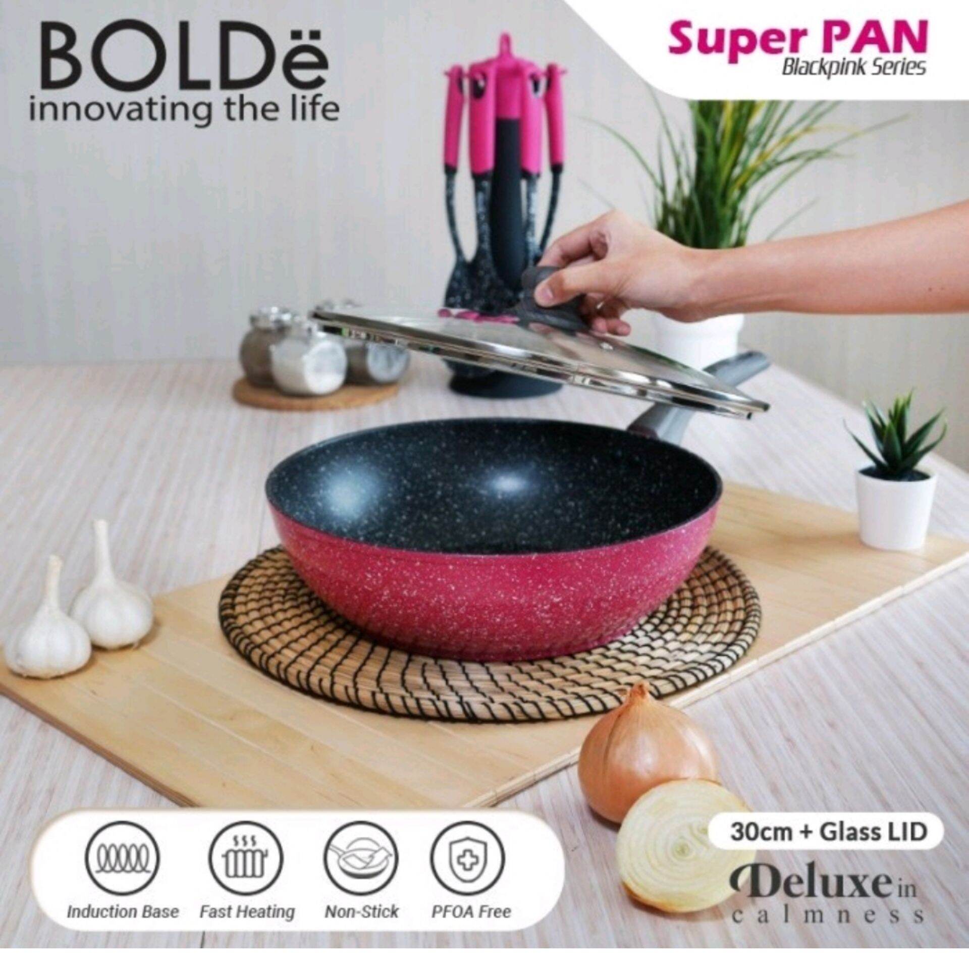 BOLDE SUPER WOK PAN GRANITE 30 CM+ GLASS LID BLACKPINK | Lazada Indonesia
