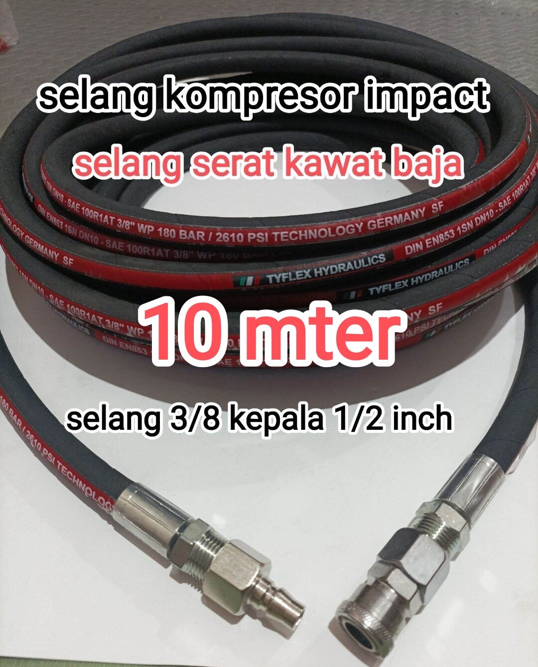 selang hidrolik hose hydraulic 3/8 R1 panjang 10 meter + coupler angin ...
