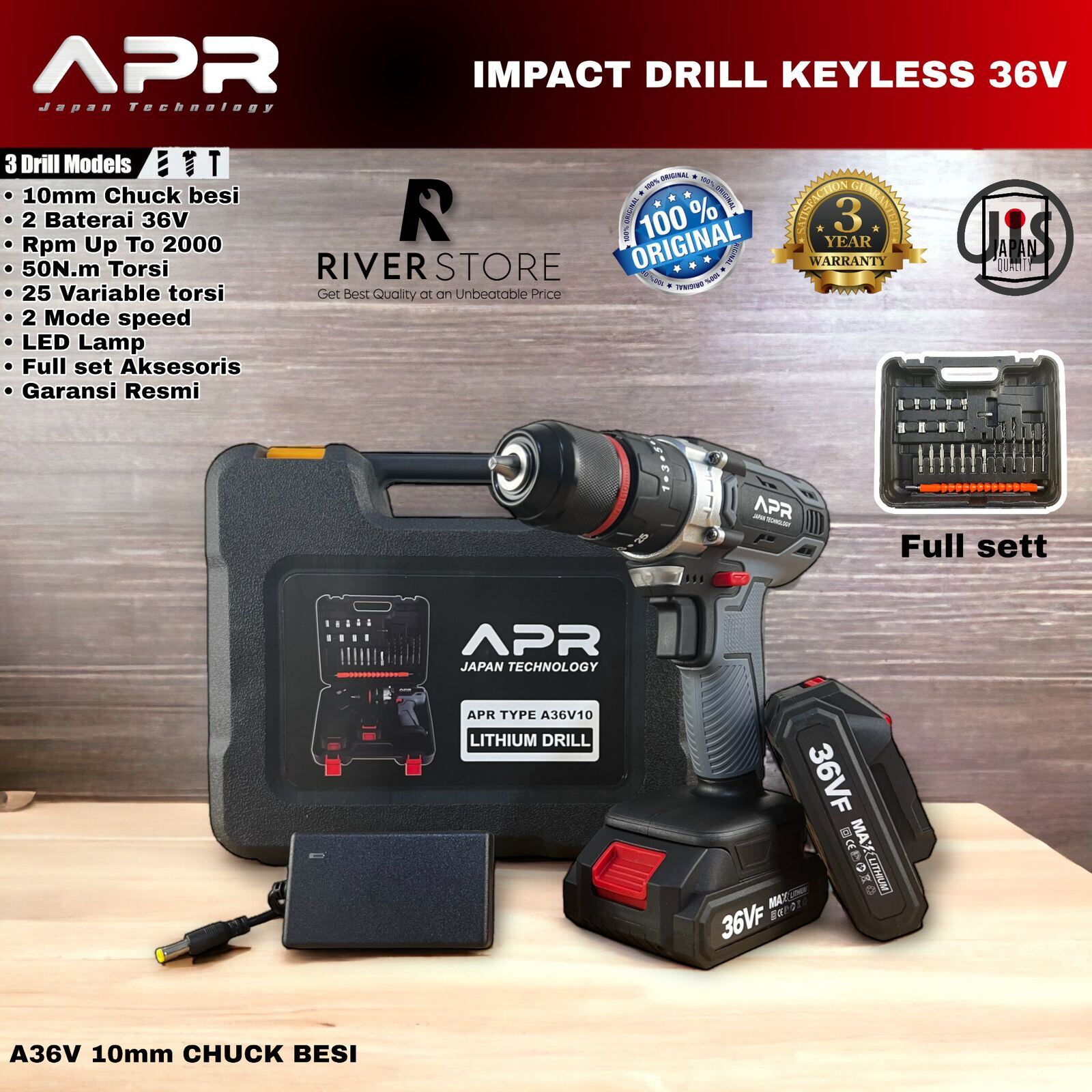 Bor Cordless APR 36V Keyless Chuck Besi 10MM Full Fitur Impact Drill ...