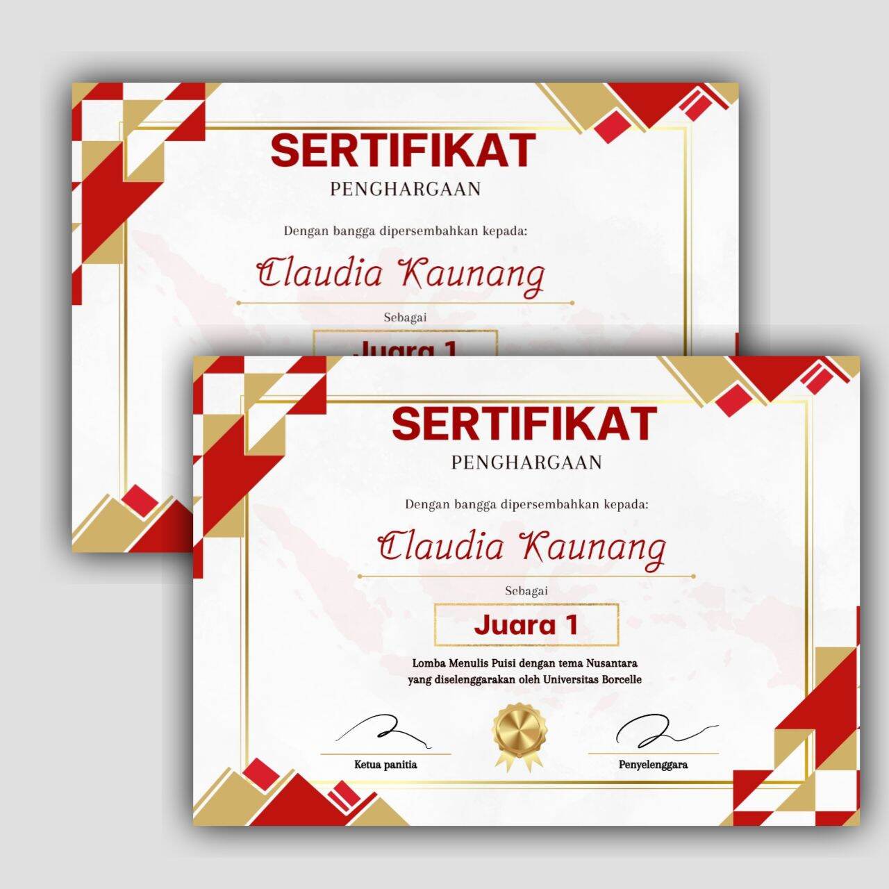 Costum Sertifikat/Piagam penghargaan Background Merah Putih Ukuran A4 ...