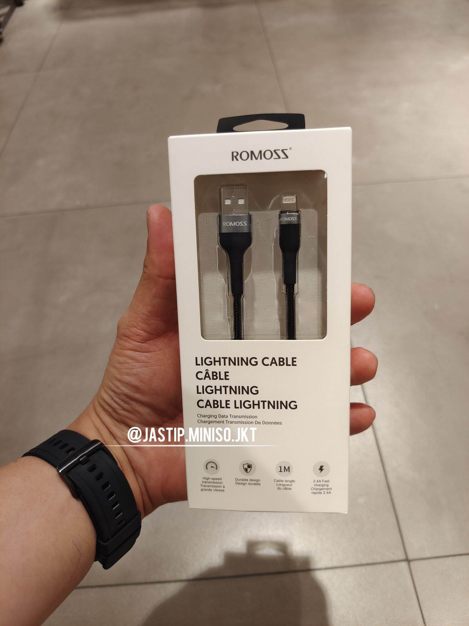 MINISO 🆕 Kabel Charger Lightning ROMOSS panjang kabel 1m 5V / 2.4A ...