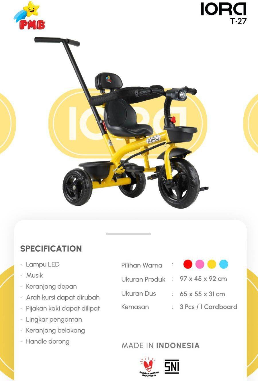 Sepeda Roda Tiga Tricycle PMB IORA TC03 TC-03 T27 T-27 Sepeda Anak Roda ...
