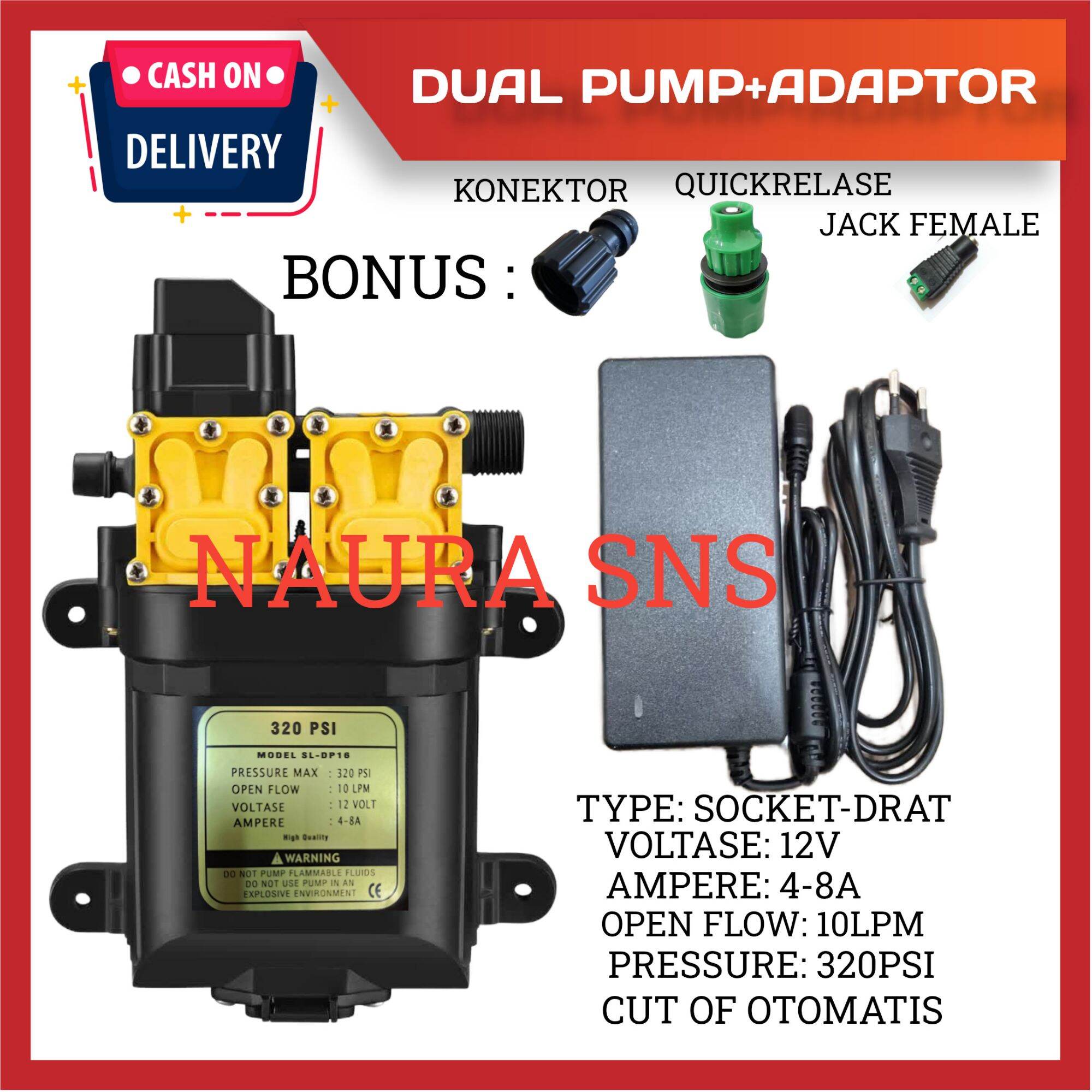 MESIN POMPA DC 12V 320 PSI 10LPM DAN ADAPTOR / POMA AIR DC TEKANAN ...