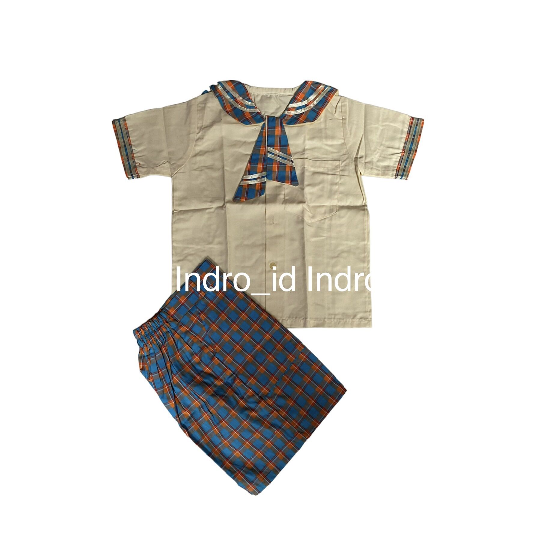 SERAGAM TK PAUD KOTAK KOTAK BIRU ORANGE KEMEJA KREM PUTRA | Lazada ...