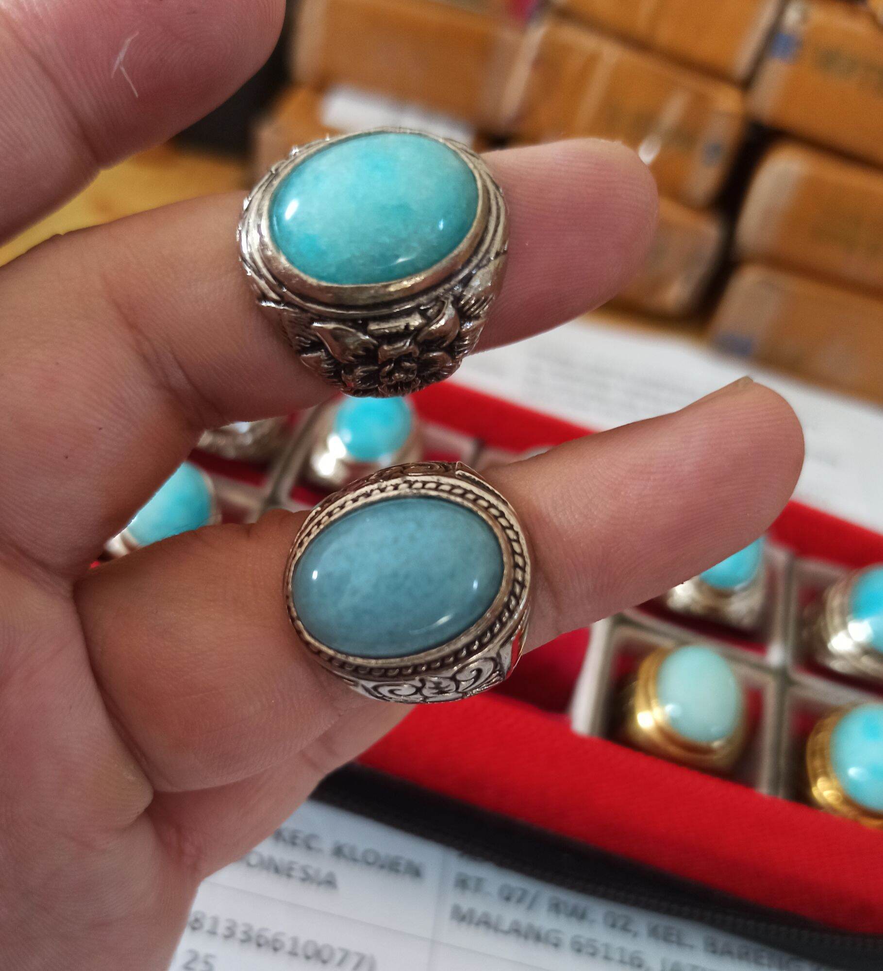 (CA 47) Cincin Akik Giok Biru Sebter Plong Ring Tanam Alpaka Super Joss ...