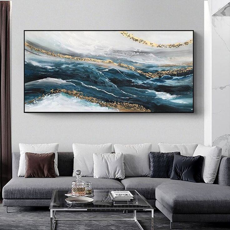 lukisan blue gold ocean abstrak ,lukisan modern teksture hiasan dinding ...