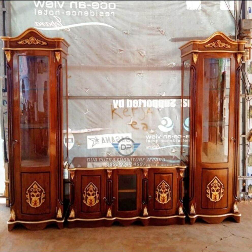 bufet tv pajangan hias pisah lengkung kaca kayu jati ukir jepara Grade A | Lazada Indonesia