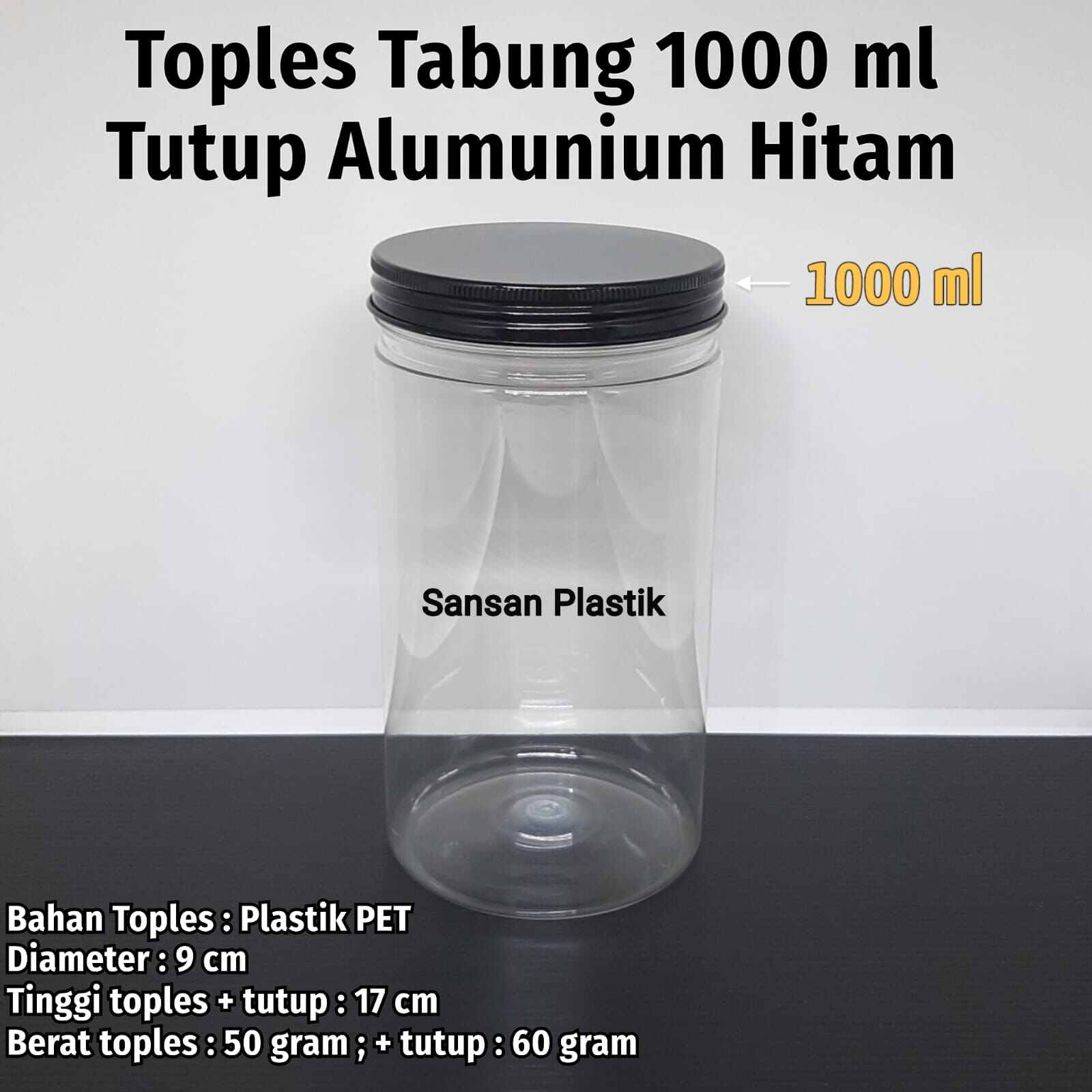 TOPLES PLASTIK 1000 ML TUTUP ALUMUNIUM HITAM / Toples Tutup Alumunium 1 liter / Toples Keripik ...