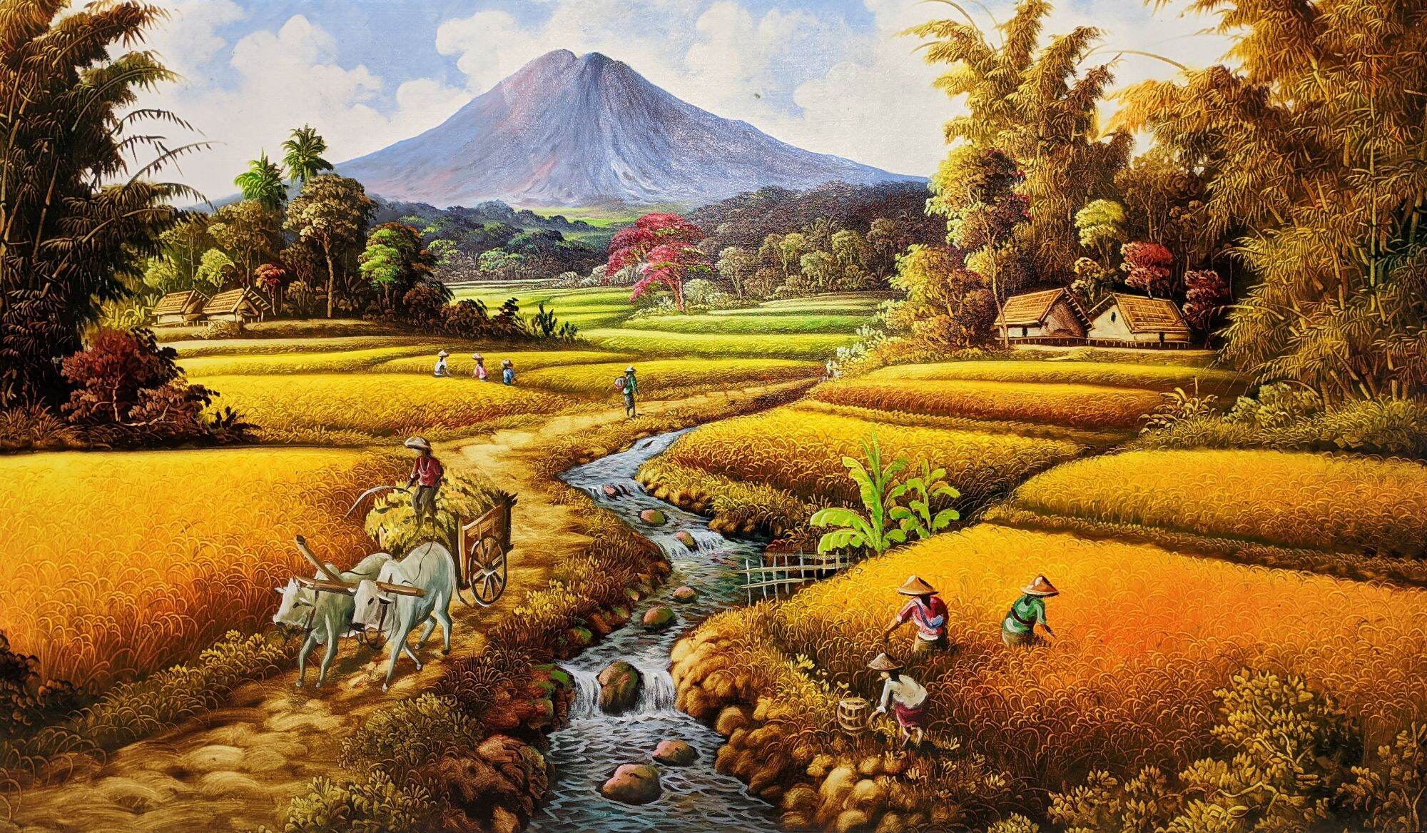 Lukisan pemandangan panen sawah sapi ukuran 135x85 cm | Lazada Indonesia
